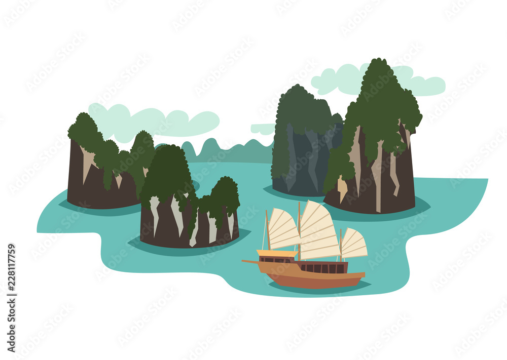Vietnam landmark vector illustration. Ha long bay cartoon style. Asian ...