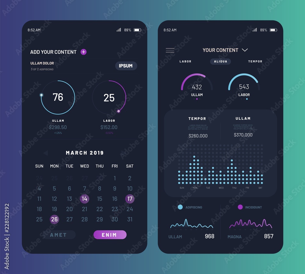 User interface with infographics with charts and diagrams. Ui design ...