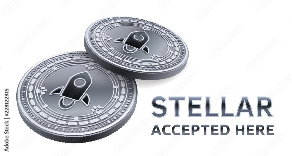 Stellar. Accepted sign emblem. Crypto currency. Silver coins with ...