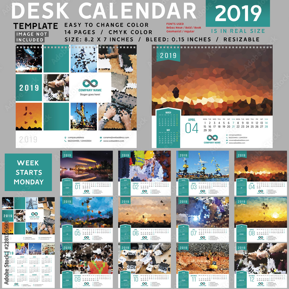 Desk calendar 2019, desktop calendar template, red calendar, Week ...