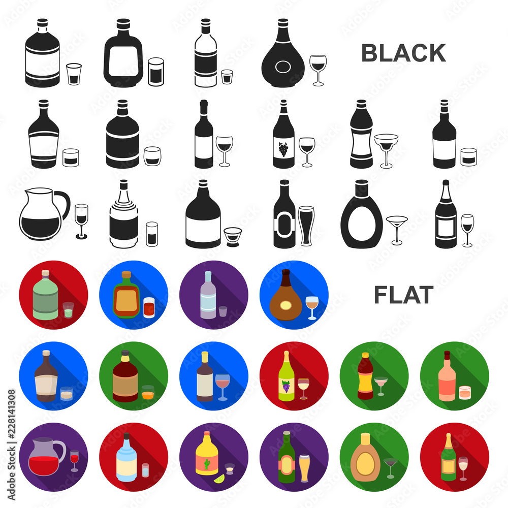 Types of alcohol flat icons in set collection for design. Alcohol in ...