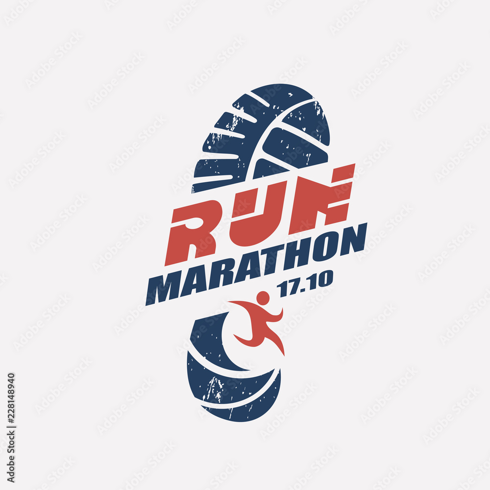 Run symbol in grunge style, marathon icon, poster and logo template ...