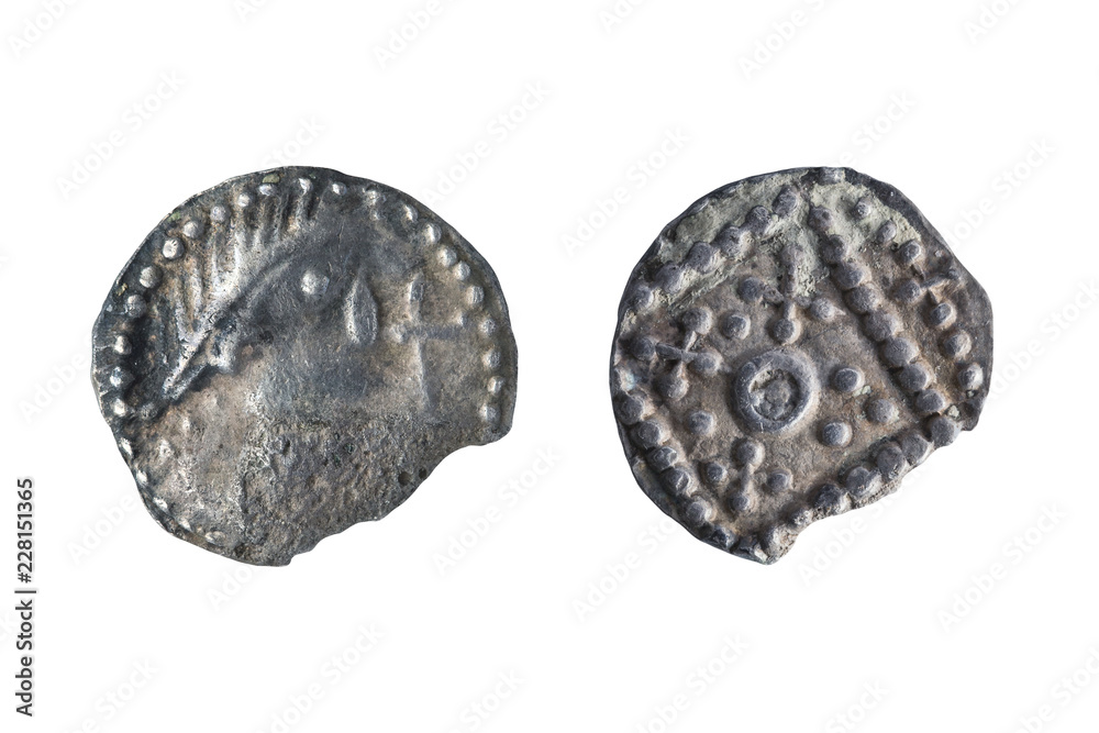 Anglo Saxon silver Sceat coin front and reverse sides of the early 8th ...