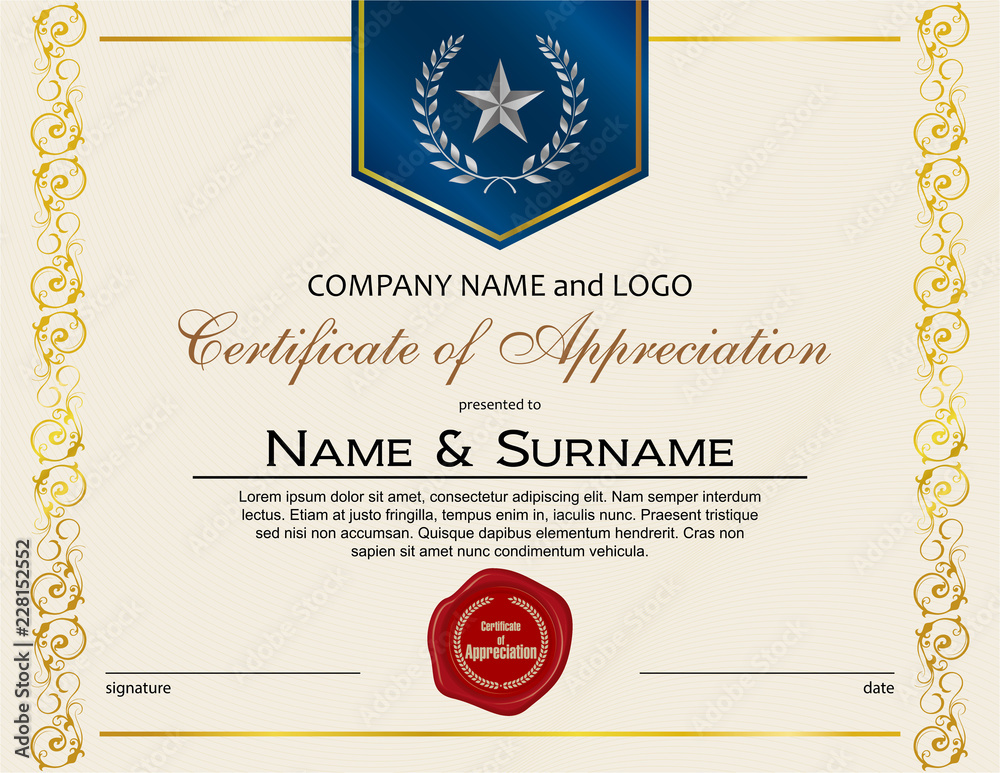 Certificate of Appreciation with laurel wreath and wax seal Stock ...