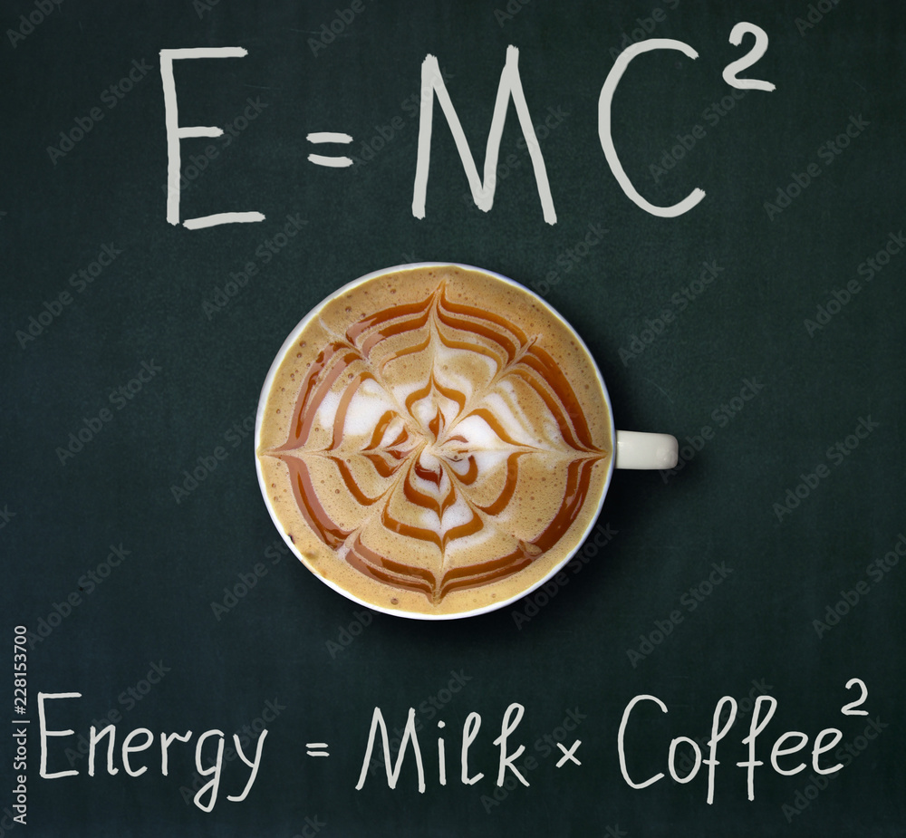 The cup of coffee with milk and two formulas. E = mc2. Black background. Stock Photo | Adobe Stock