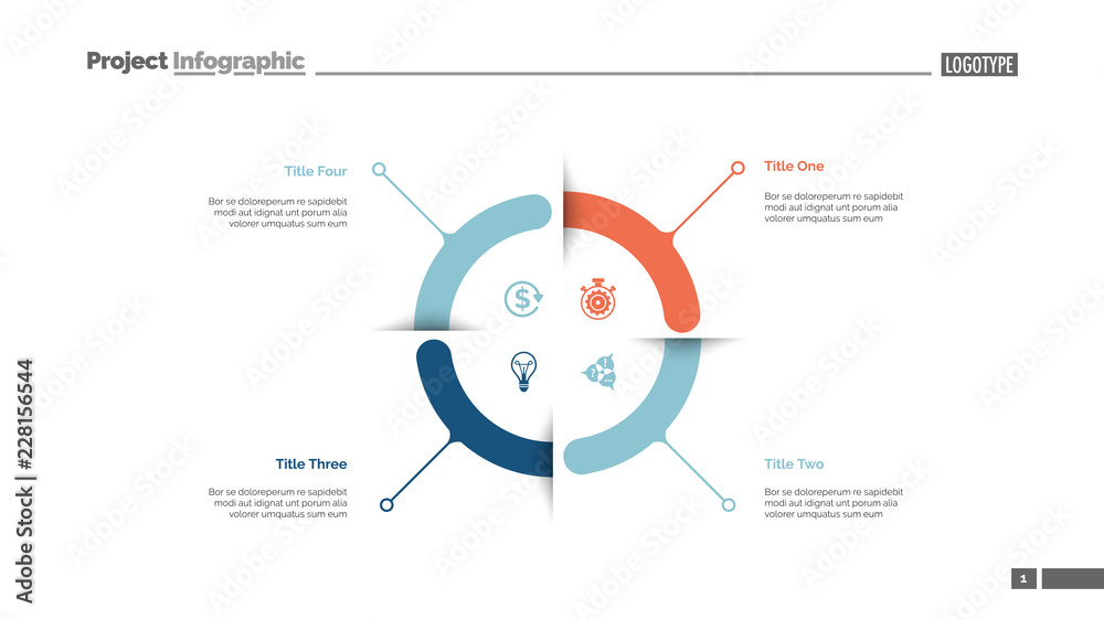 Four aspects circle diagram slide template. Business data. Graph ...