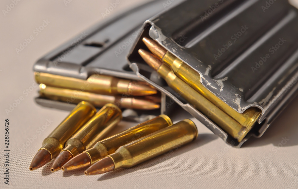 Two metal rifle magazines, one stacked upon the other, loaded with .223 ...