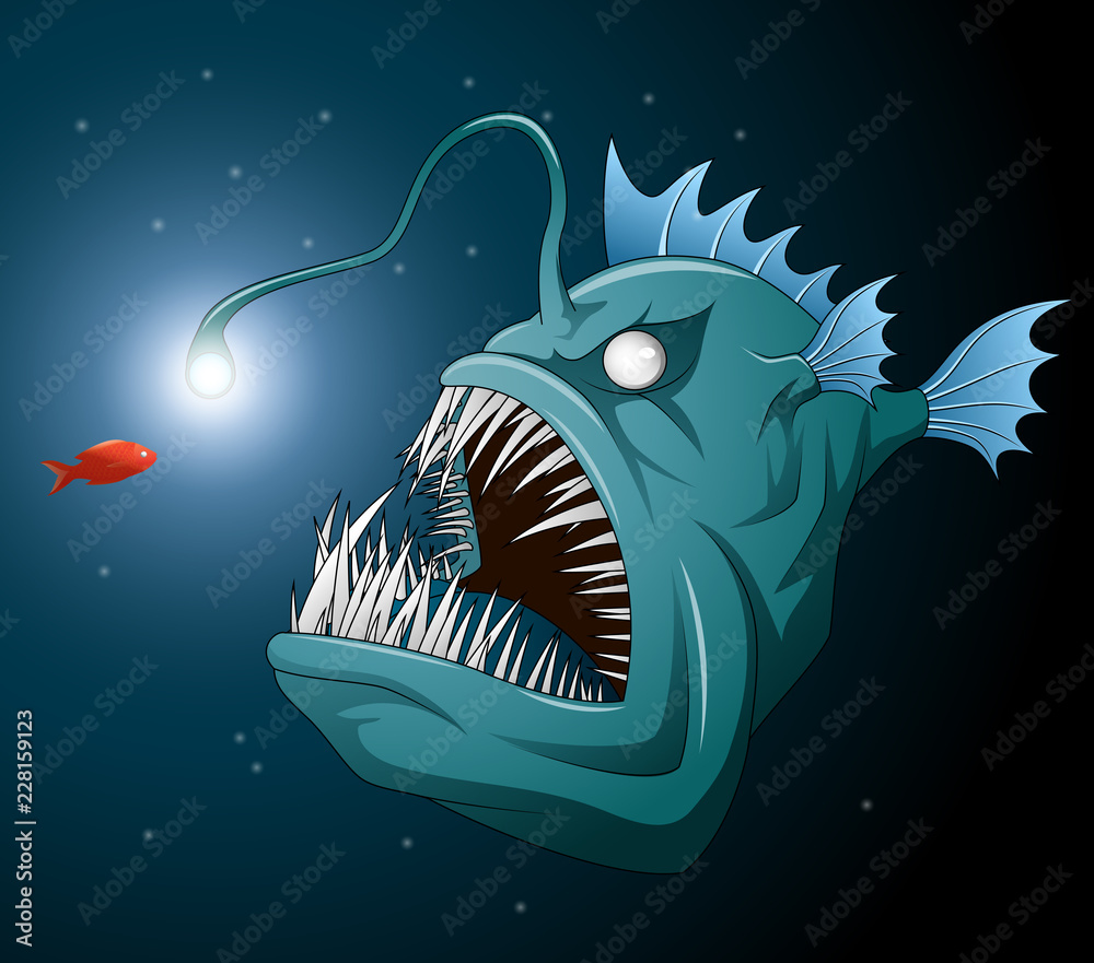 Anglerfish mouth on dark background. Luminous bait and anglerfish teeth ...