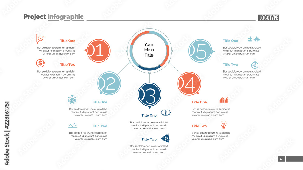 Five points process chart slide template. Business data. Structure ...