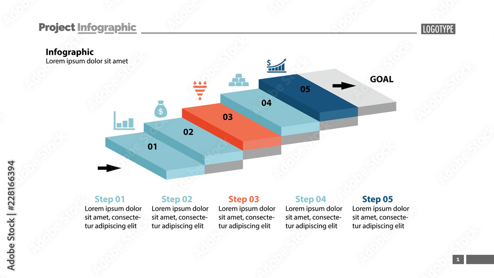 Five steps process chart slide template. Business data. Startup, goal ...