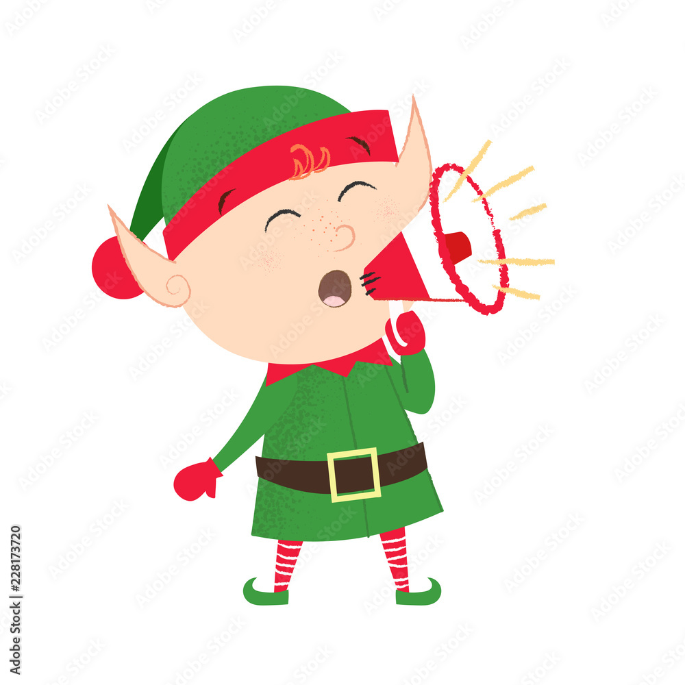 Cartoon elf making announcement. Screaming, megaphone, loud. Christmas ...