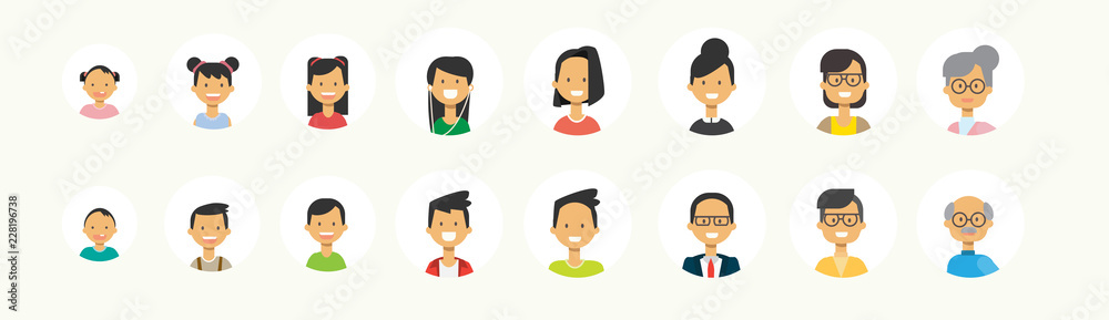 set diverse people face human multi generation portrait on white ...