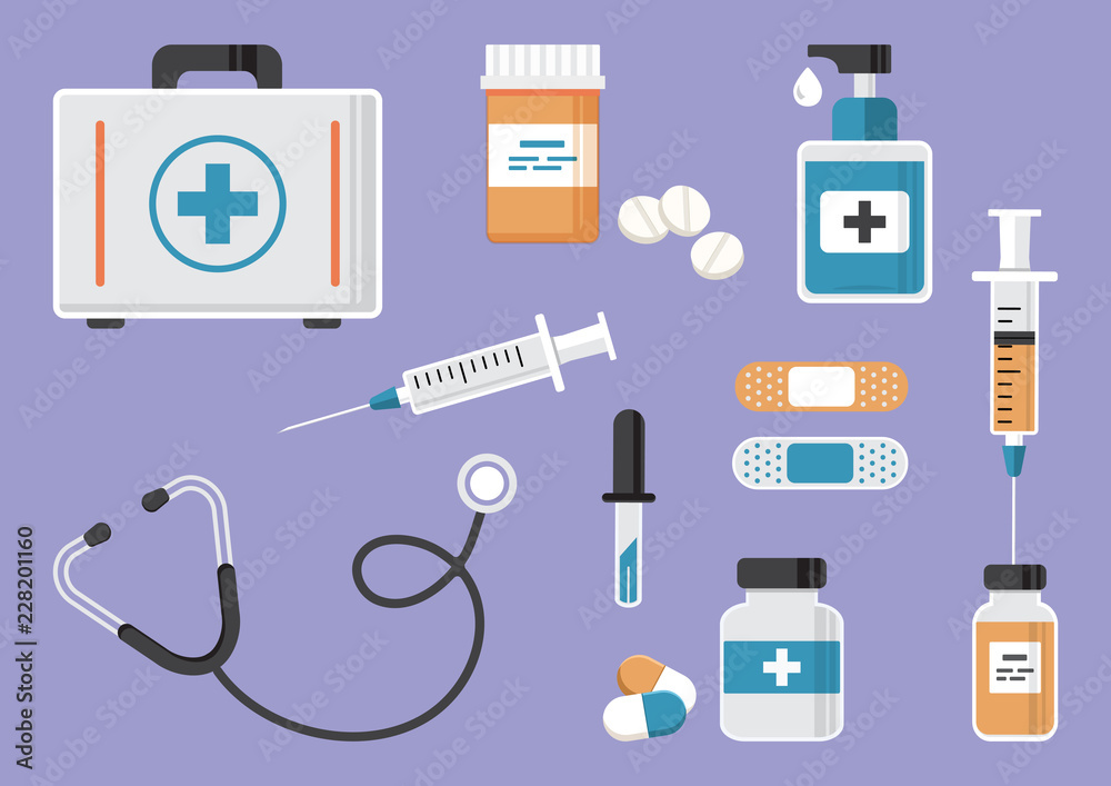 Medicine. First aid kit, stethoscope and syringe, vial of medicine, and ...