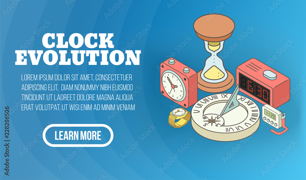 Clock evolution concept banner. Isometric banner of clock evolution ...