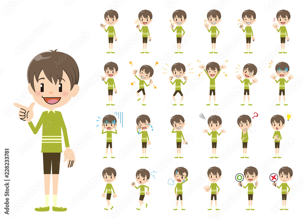 Boy charactor set. Various poses and emotions. Stock Vector | Adobe Stock