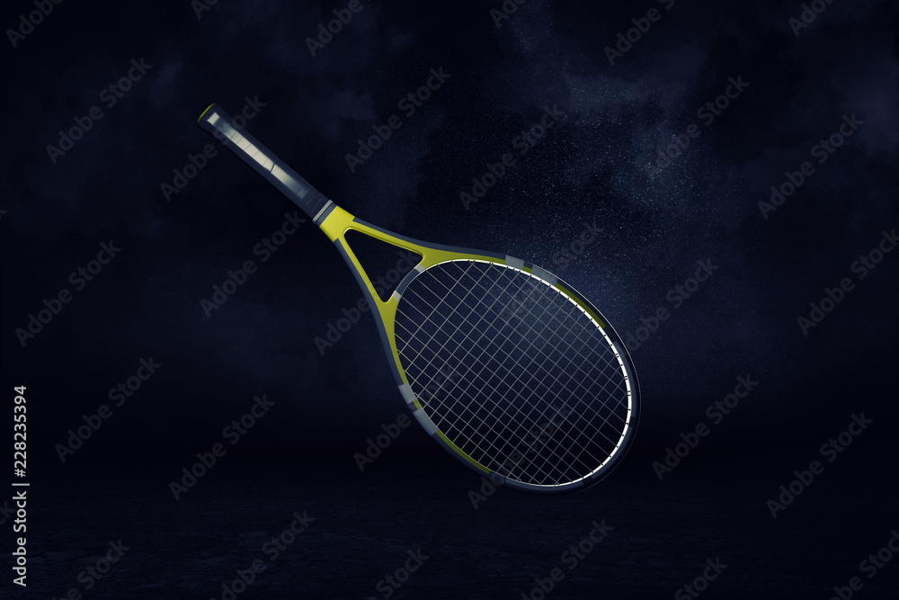 3d rendering of a yellow and black professional tennis racquet hanging ...
