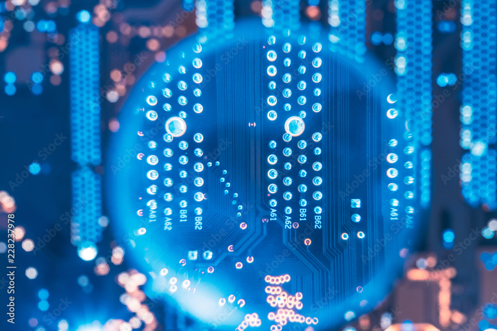 pcb conductive tracks closeup. science and innovation. futuristic blue ...