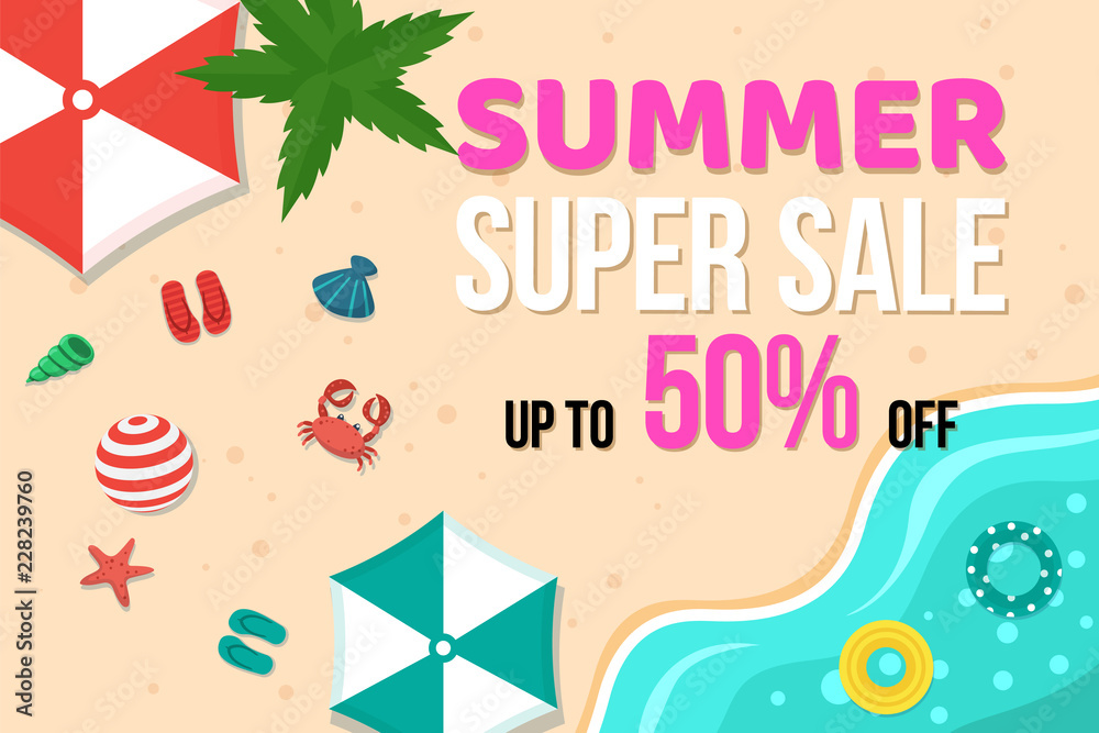 Summer super sale banner with summer elements in top view on Beach ...
