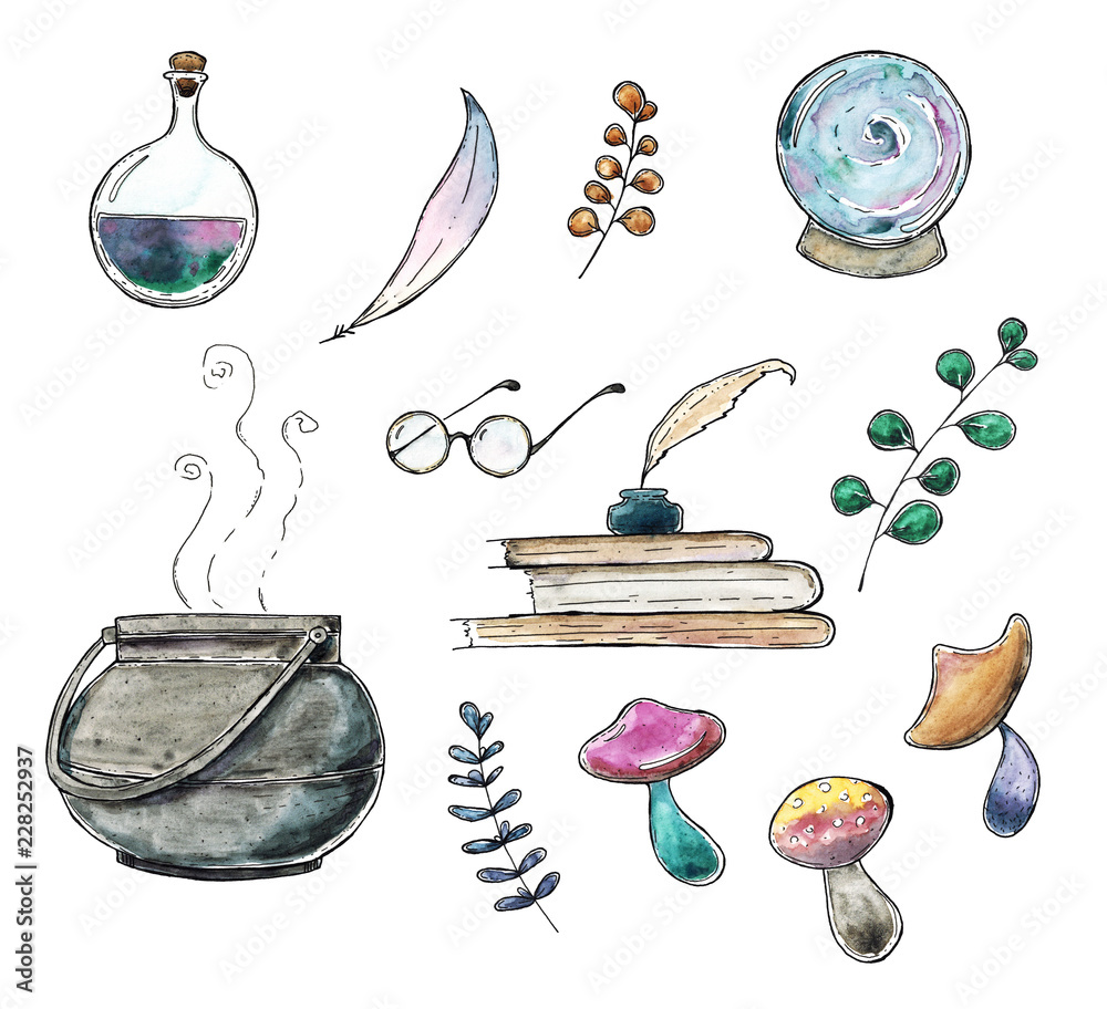 Watercolor hand drawn sketch Potions set - cauldron, books, flask with ...