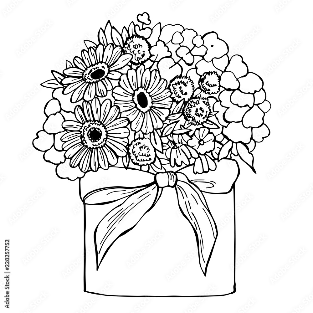 Hand drawn flowers in box.Vector sketch illustration. Stock Vector ...