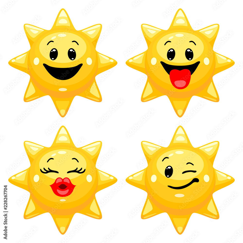 Vector set of sun emoticons. Collection of sun characters with ...
