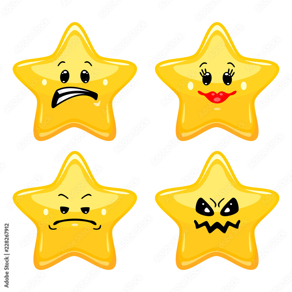 Vector set of star emoticons. Collection of yellow stars with different ...