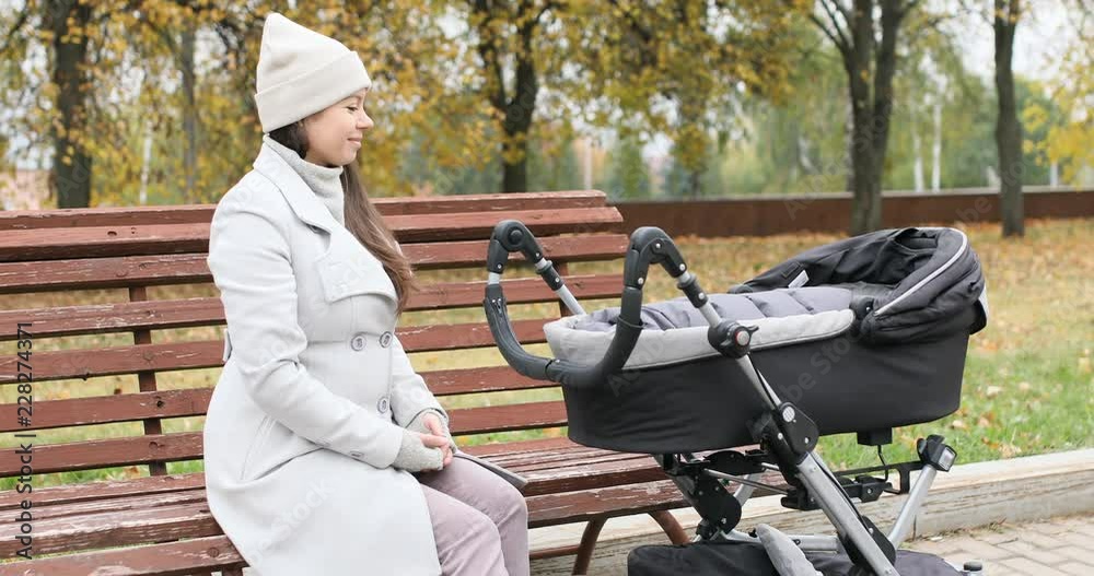 Young mother walking with her little baby son in stroller in autumn ...
