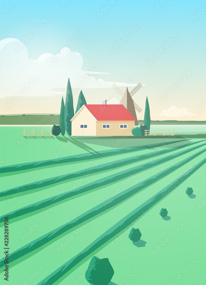 Vertical countryside landscape with agricultural building or house and ...
