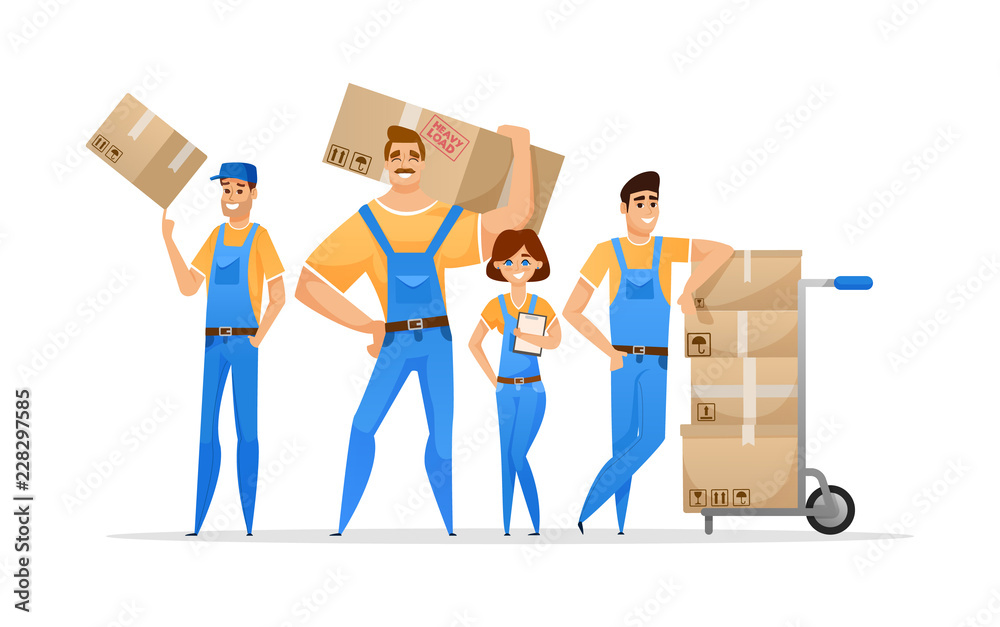 Cartoon loaders movers team with cardboard boxes Stock Vector | Adobe Stock