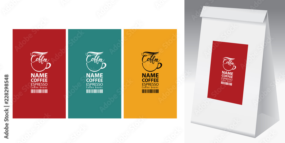 Paper packaging with label for coffee beans. Set of three vector labels ...