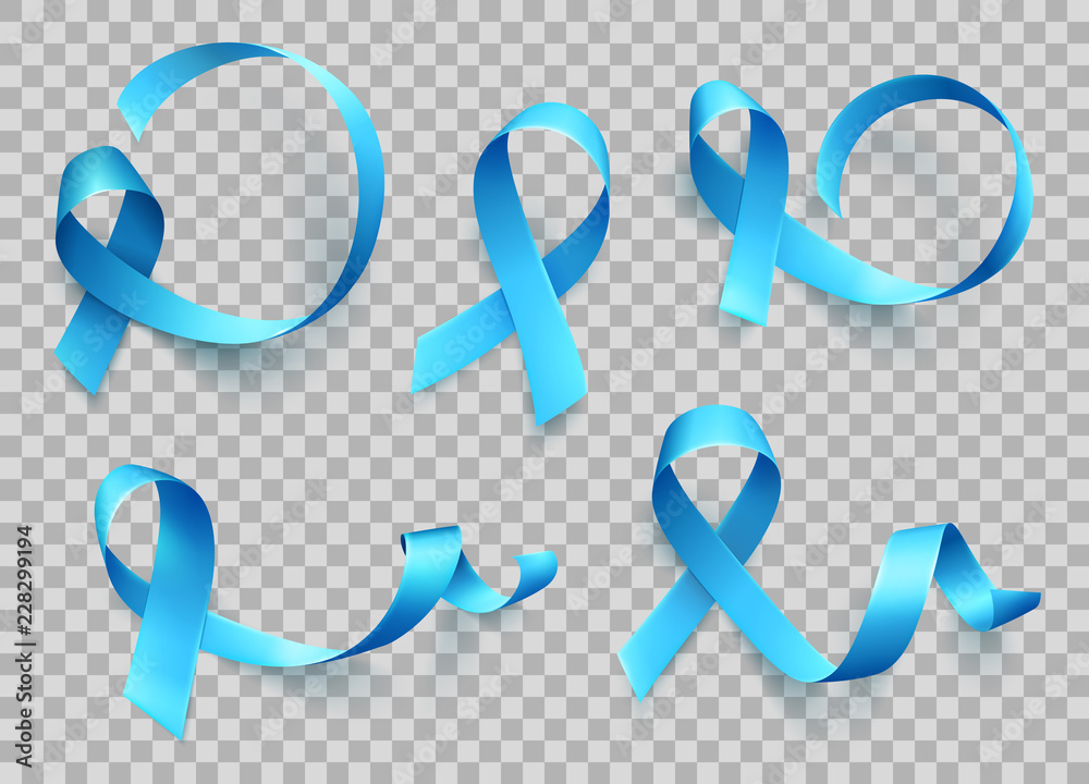 Big set of blue ribbons over transparent background. Symbol of prostate ...