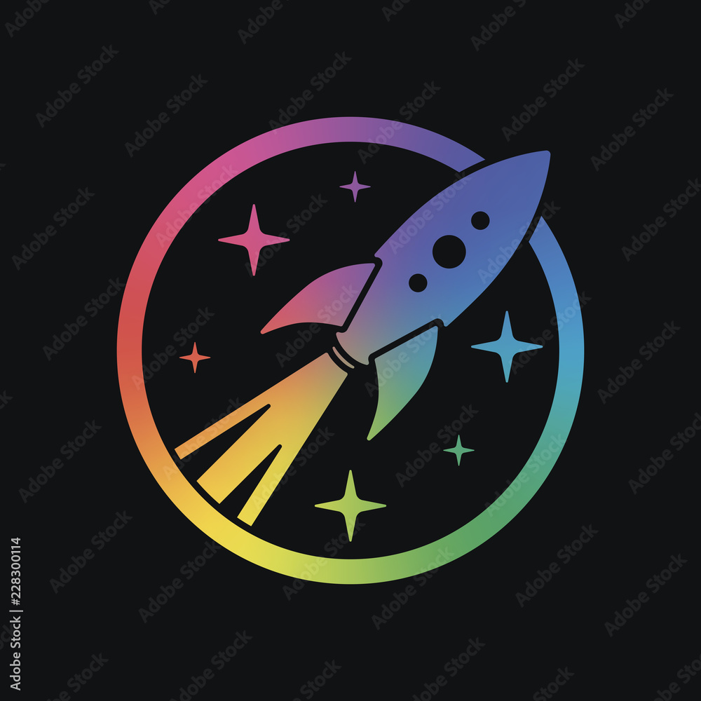 rocket launch with stars in circle icon. Rainbow color and dark Stock ...