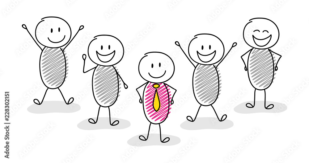Teamwork concept with hand drawn cartoon people following the leader ...