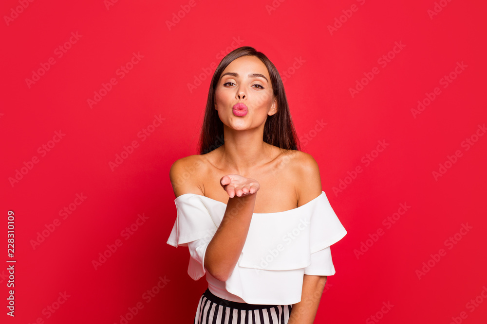 Portrait of sweet tender pretty dreamy attractive lady wearing w Stock ...