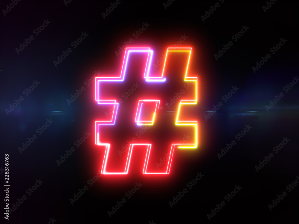 Hashtag sign - colorful glowing outline symbol on blue lens flare dark ...