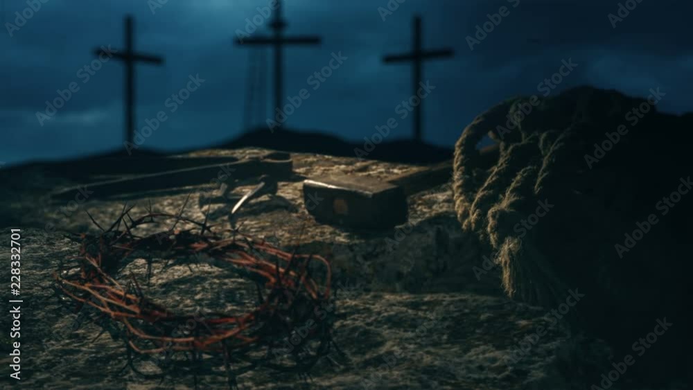 Crucifixion of Jesus Christ. Crown of thorns with nails, hammer, pliers ...
