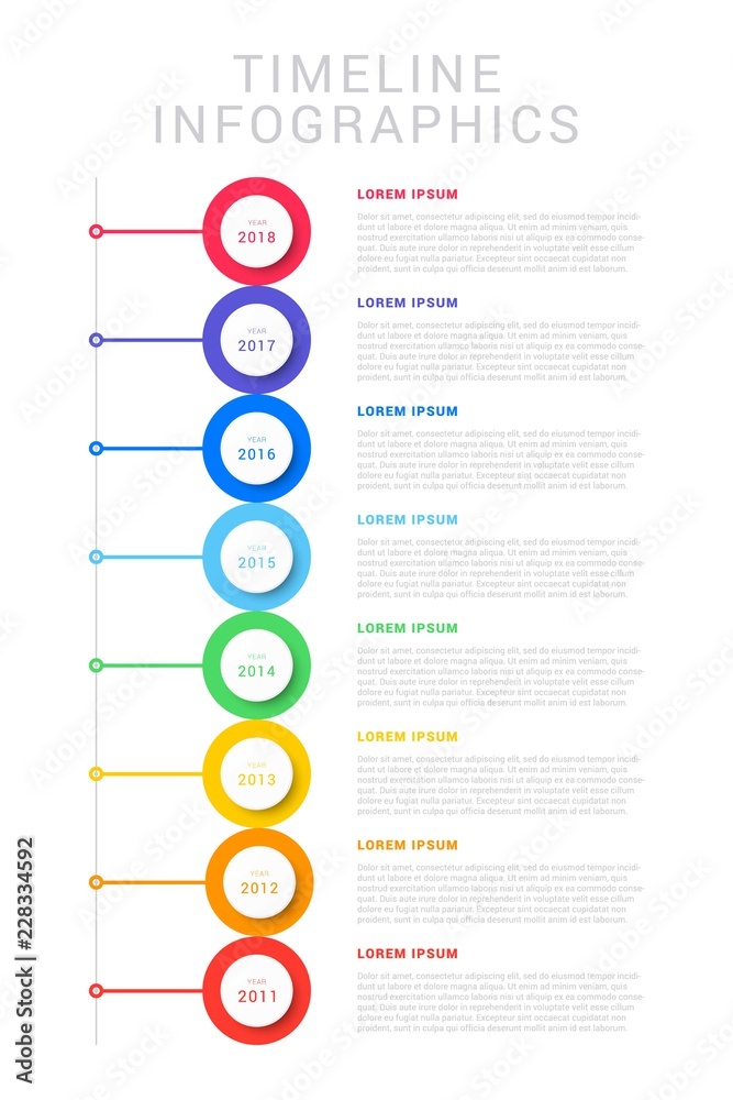 vertical timeline with eight circular elements, year indication and ...