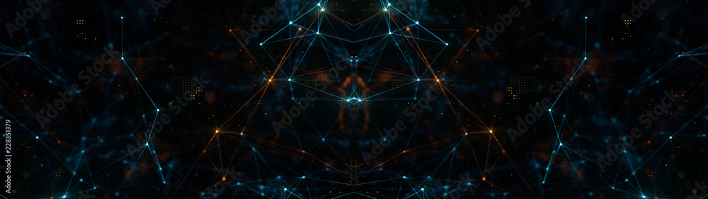 Abstract ultra wide plexus structure of many glowing lines and ...