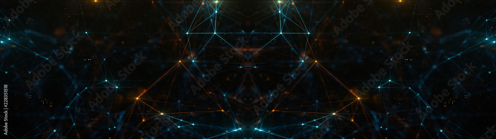 Abstract ultra wide plexus structure of many glowing lines and ...