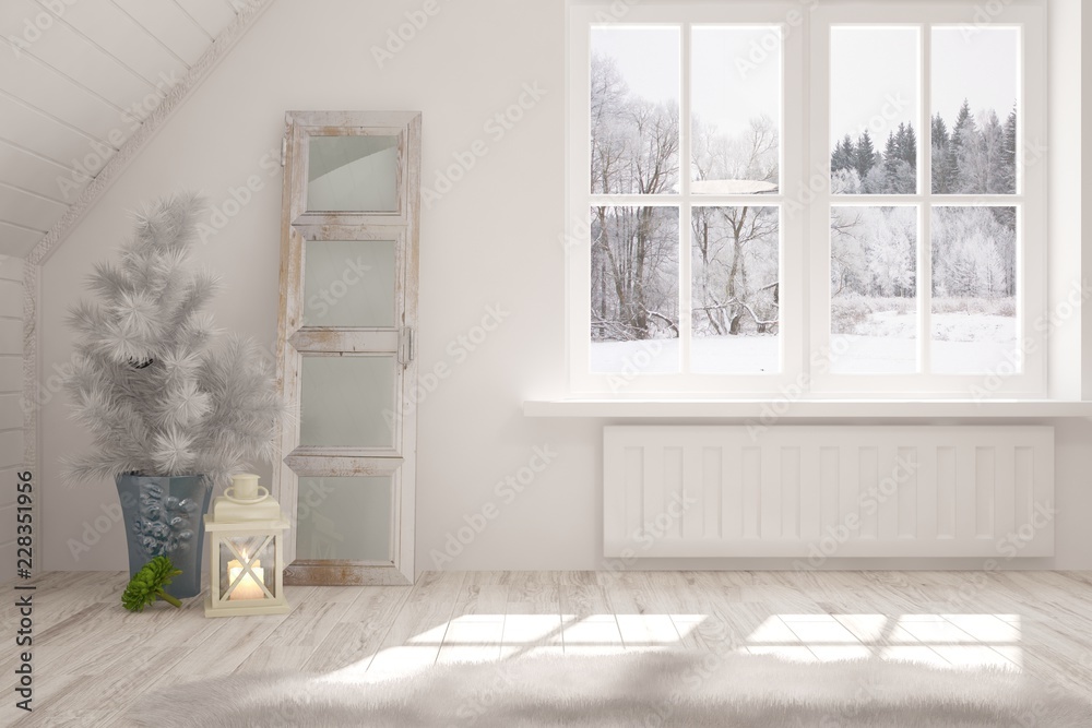 White empty room with winter landscape in window. Scandinavian interior ...
