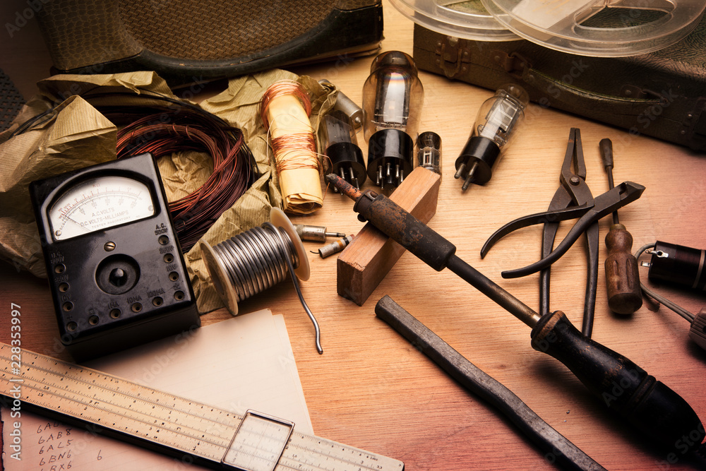 Vintage electronics. Vintage test meter and soldering equipment etc ...