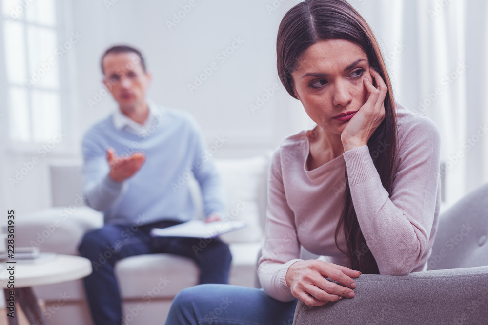 Unsuccessful advice. Portrait of disappointed young good looking woman ...