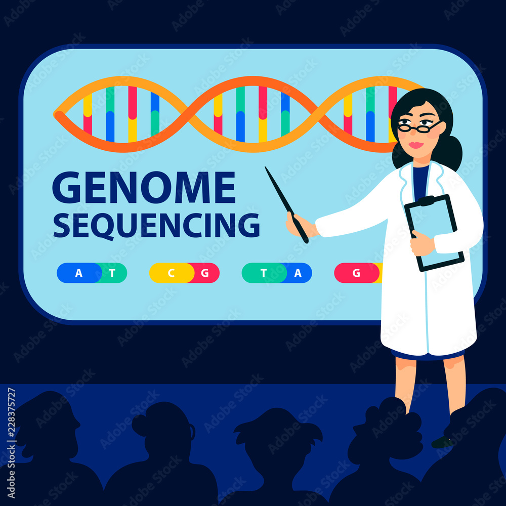 Genome sequencing concept. Female scientist makes a report at a genome ... Genome sequencing concept. Female scientist makes a report at a genome ...