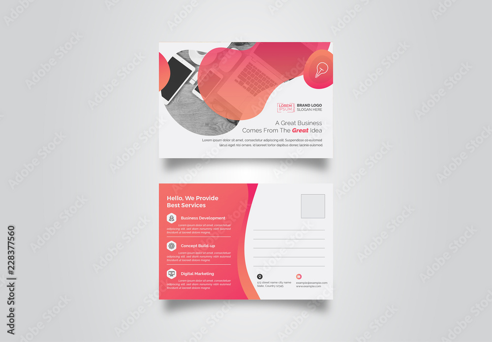 Postcard Layout with Pink Gradient Accents Stock Template | Adobe Stock