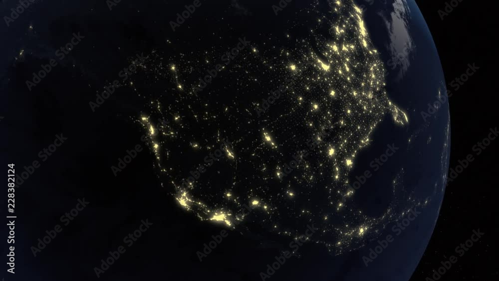 Realistic 3d animated earth showing North America at nighttime in 4K ...