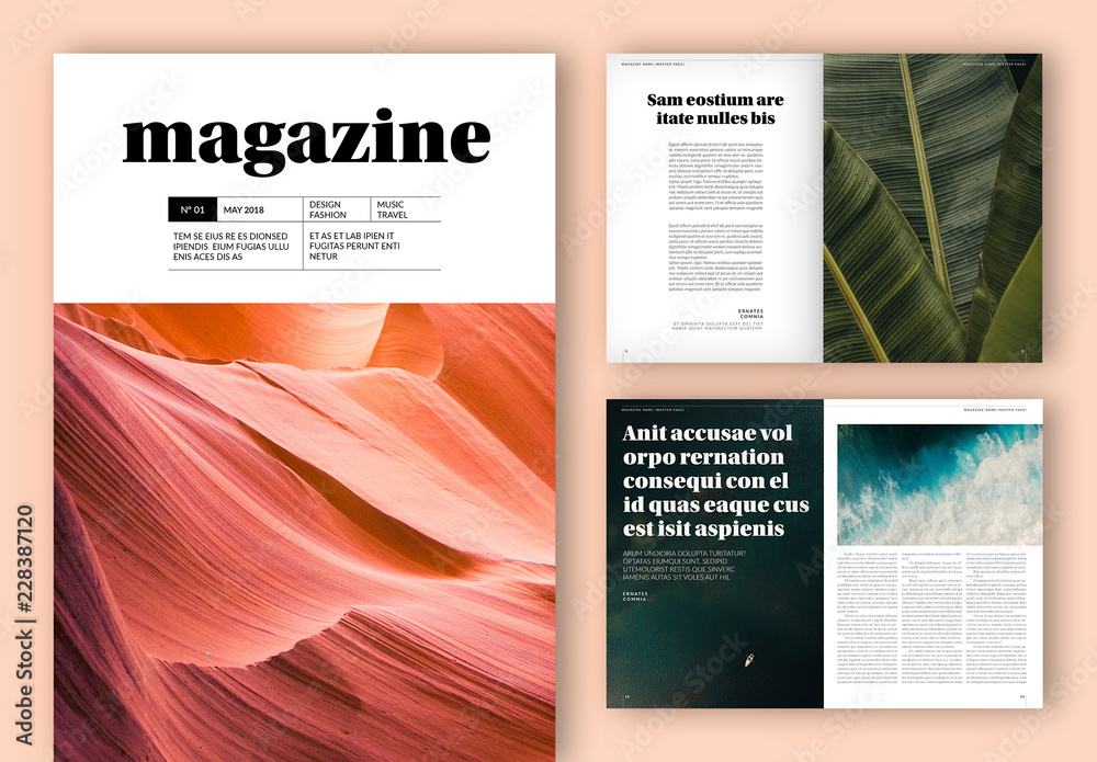 Magazine Layout with Gray Accents Stock Template | Adobe Stock