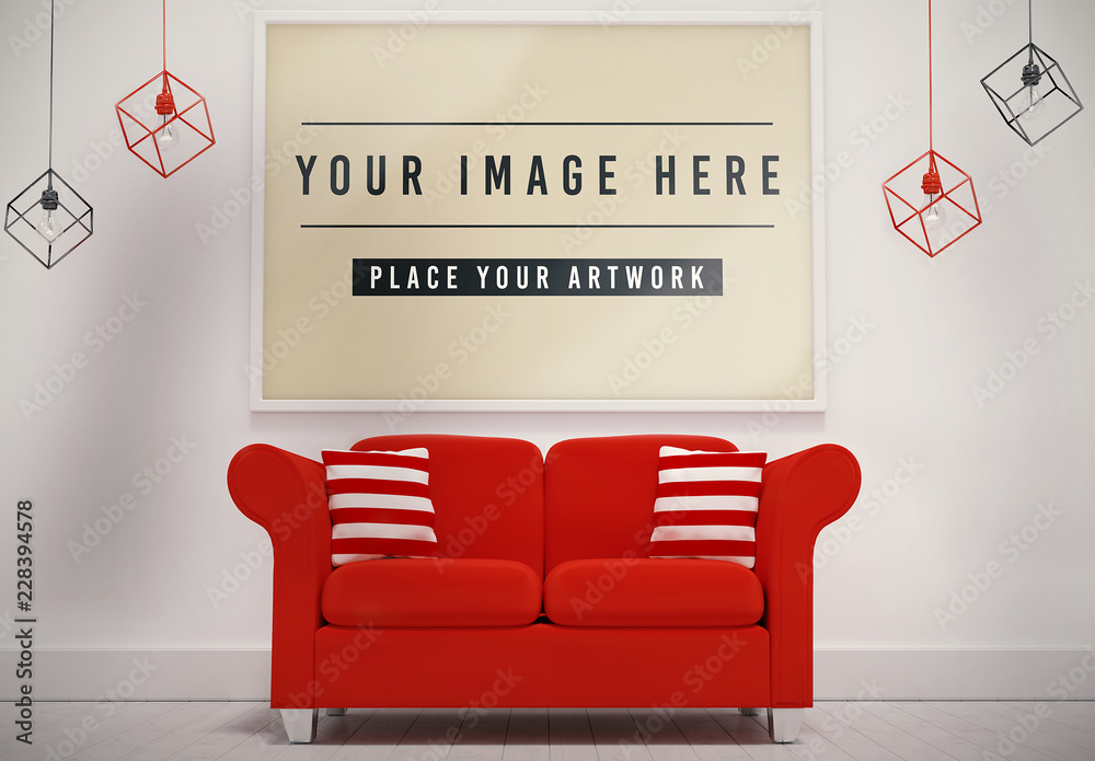 Frame on Wall Behind Couch Mockup Stock Template | Adobe Stock
