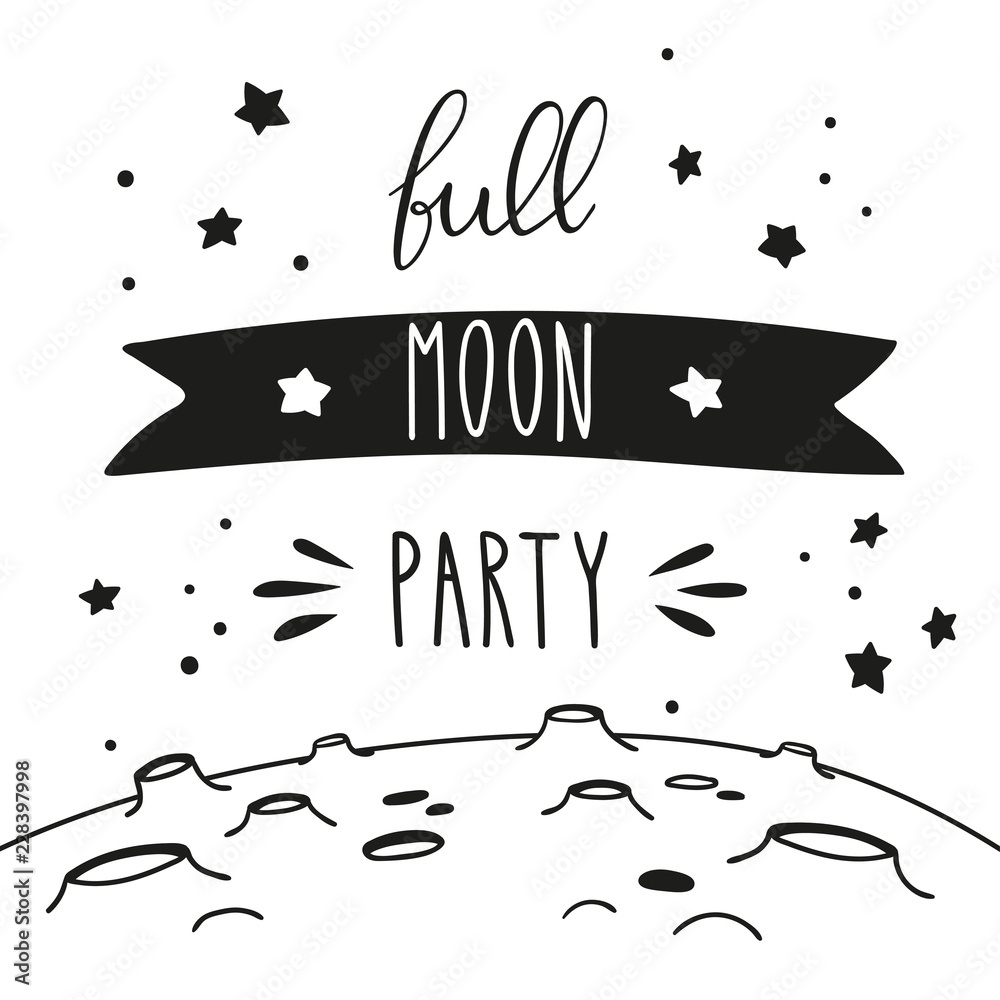 Cartoon lunar landscape and lettering. Handwritten inscription Full ...
