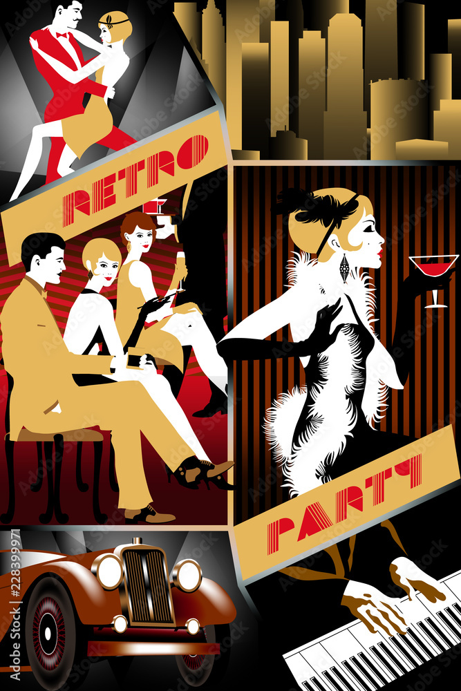 Retro party invitation card. Vector set of 6 various parts: flapper ...