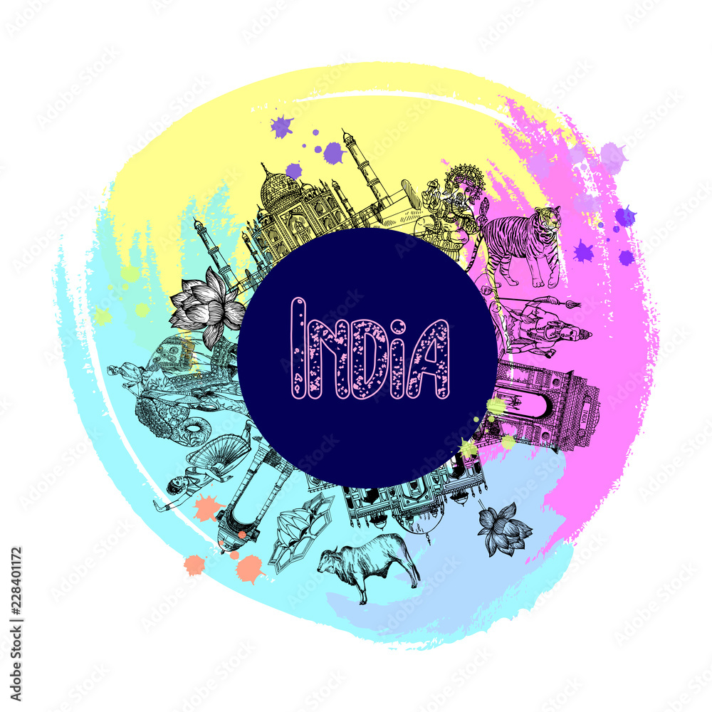 Hand drawn sketch style India themed objects. Vector illustration ...